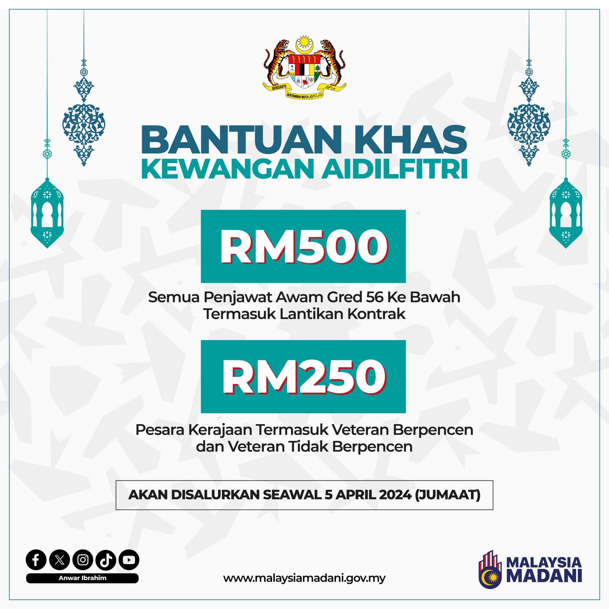 Kerajaan umum bantuan khas kewangan Aidilfitri RM500 kepada penjawat awam, RM250 kepada pesara ...